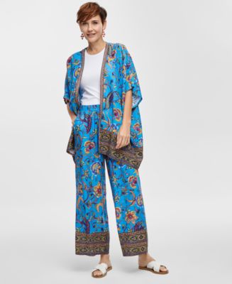 JM Collection Women's Linen Blend Set, Printed Open-Front Kimono & Pull ...
