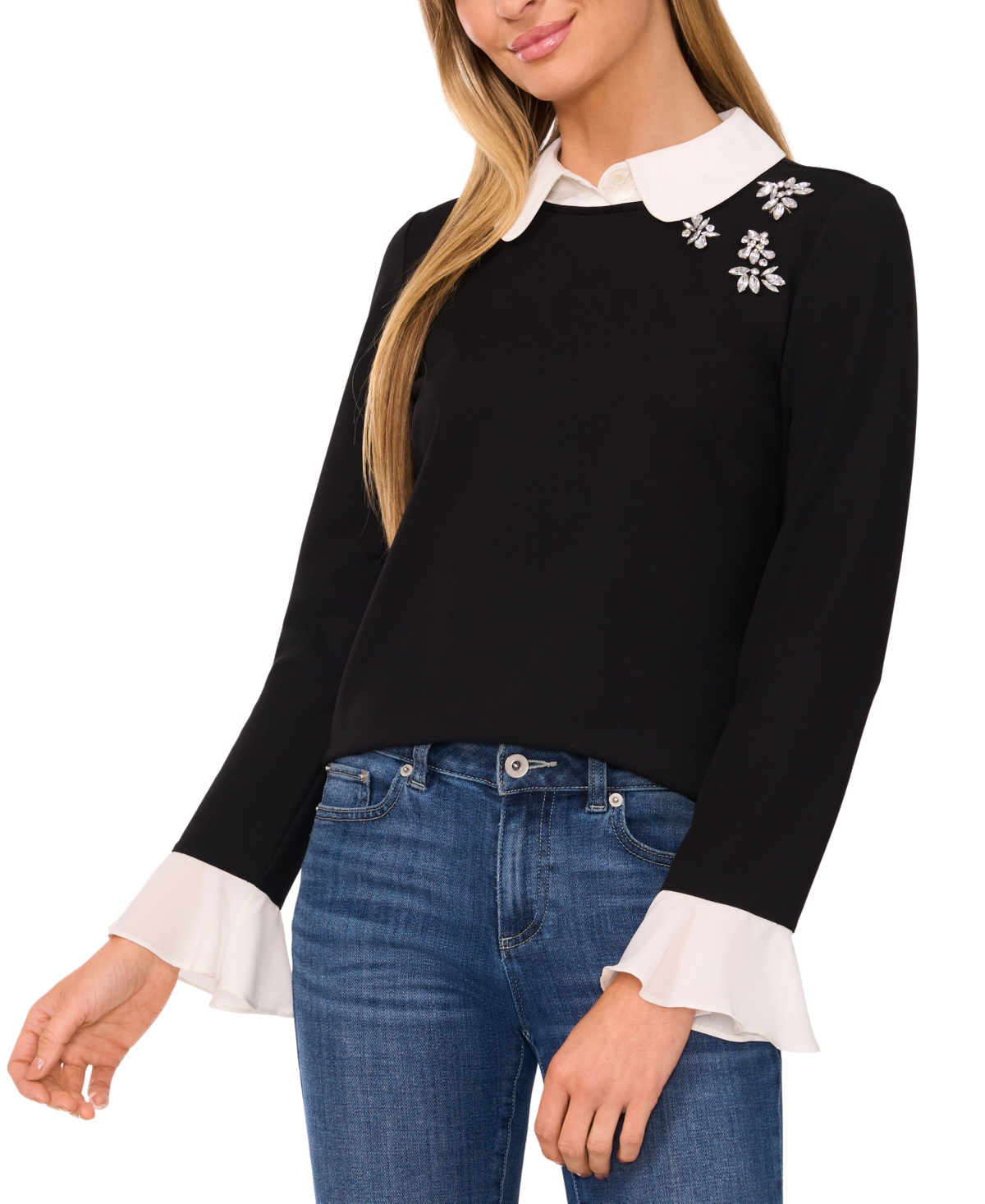 Click here for CeCe Womens Embellished Collared Layered-Look Top... prices