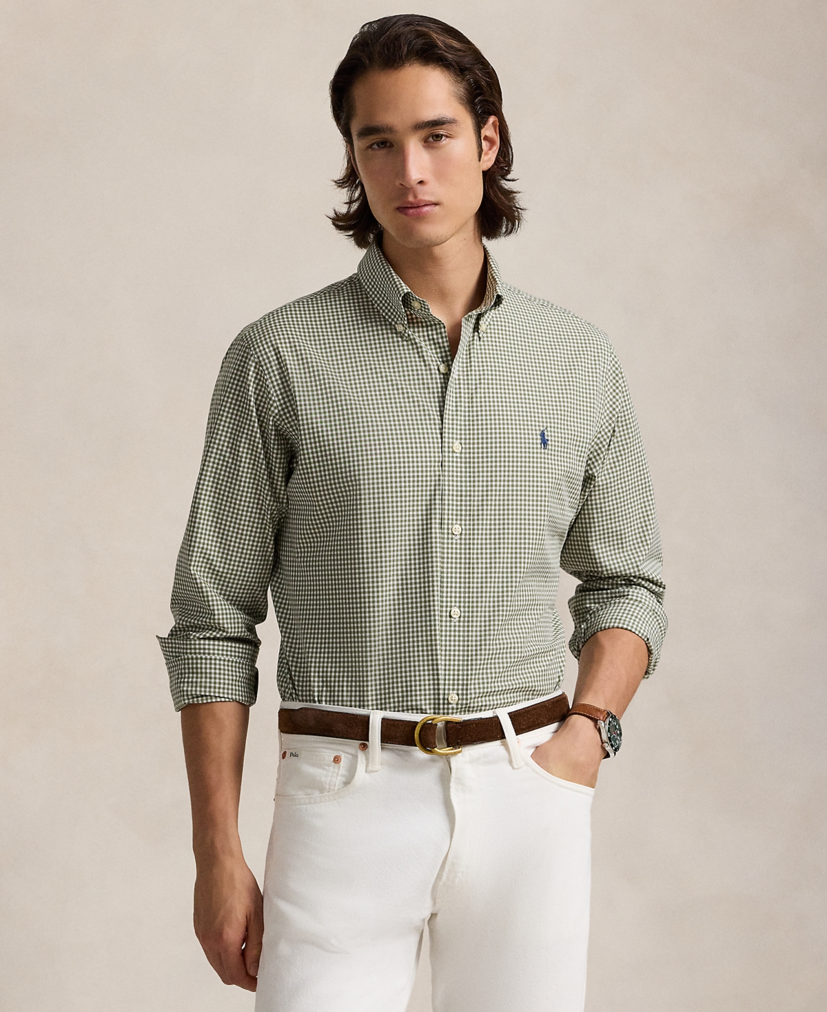 Polo Ralph Lauren Mens Classic-Fit Gingham Stretch Poplin Shirt - 4656U Garden Trail White