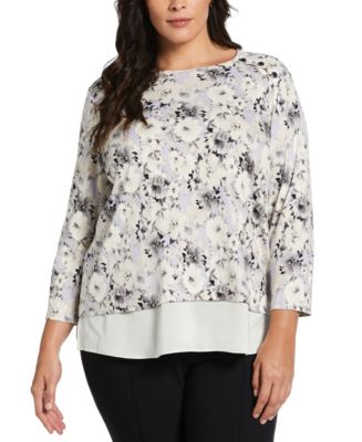 Rafaella Plus Size Floral Print Rivet Detail Layered 3/4 Sleeve Top ...