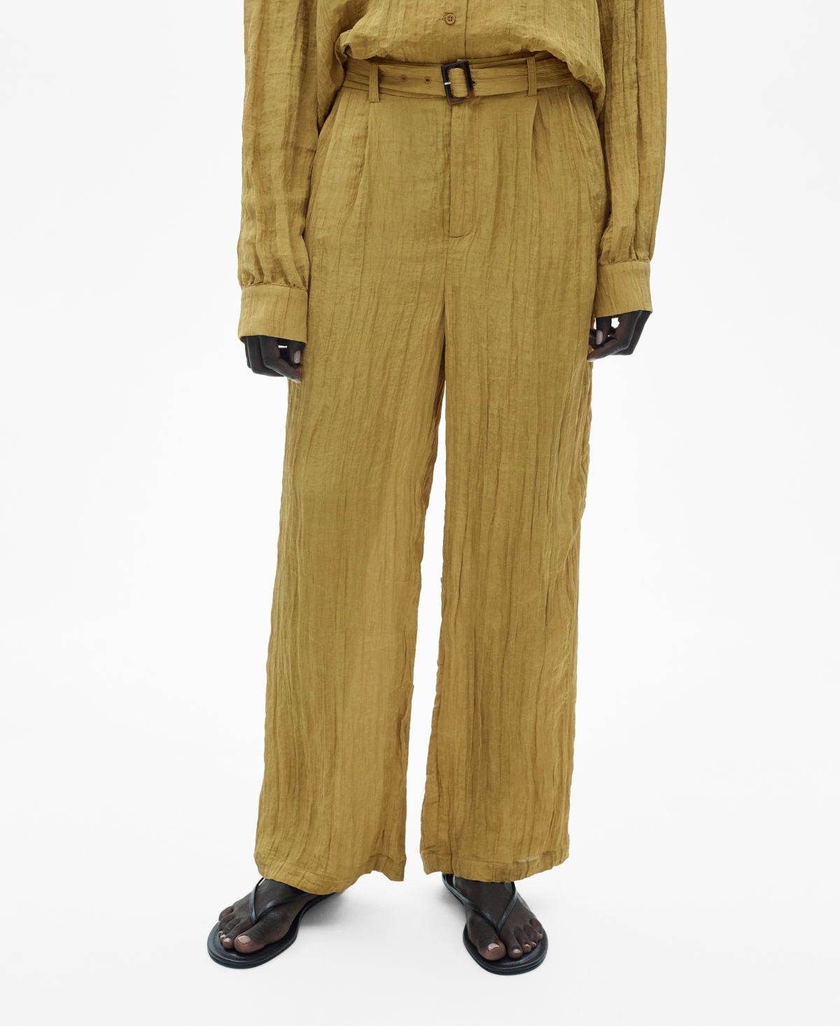 Click here for Mango Womens Belt Detail Textured Pants - Mustard prices