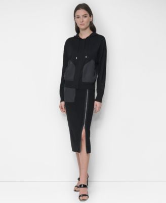 Dkny Womens Pull On Zip Trim Fitted Midi Pencil Skirt Hooded Sweater