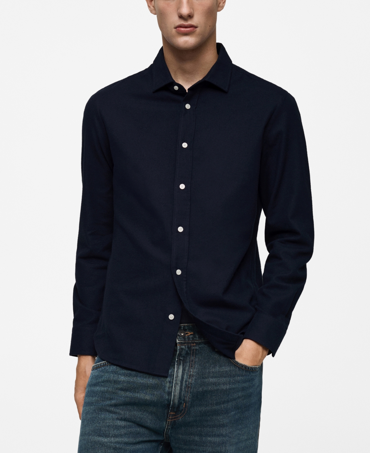 Click here for Mango Mens Slim-Fit Cotton Shirt - Dark Navy prices