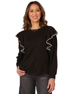 Democracy Petite Scoop-Neck Ruffle-Trim Sweater - Macy's