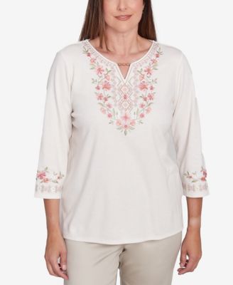 Alfred Dunner Petite Split Beaded Neck Embroidered Knit Top - Macy's