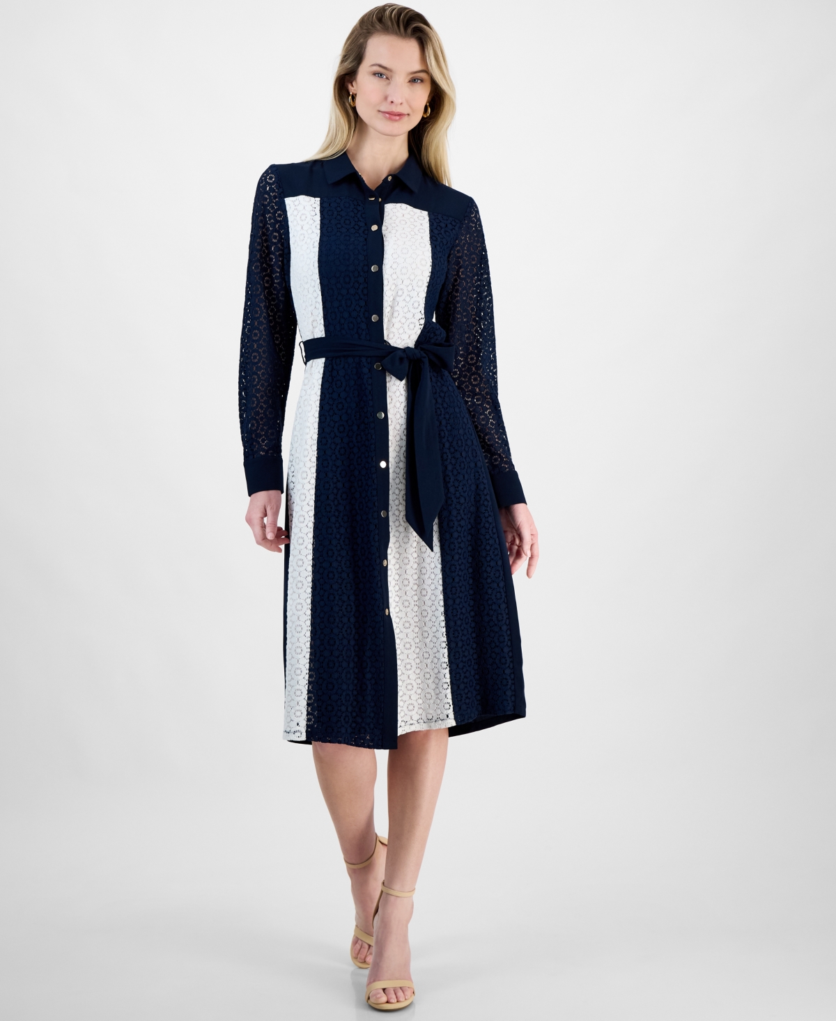 Click here for T Tahari Womens Colorblocked Mixed-Media Belted Dr... prices