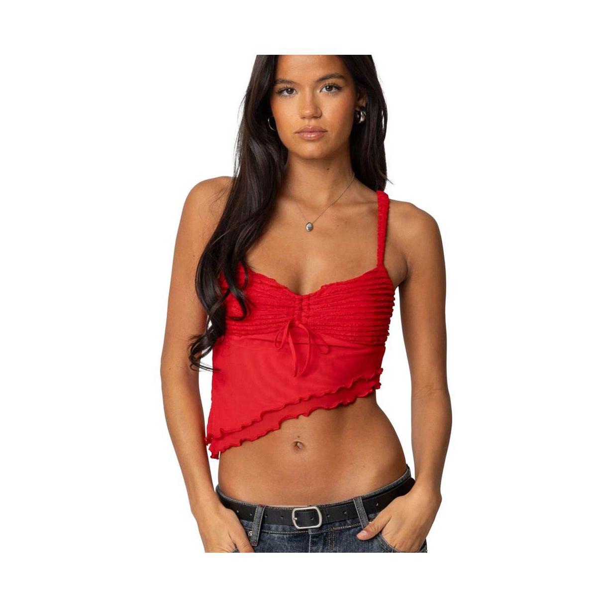 Click here for Edikted Womens Ruffled Asymmetric Tank Top - Red prices