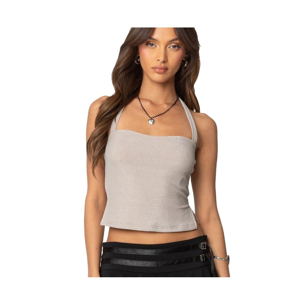 Click here for Edikted Womens Steel Side Slit Halter Top - Silver prices