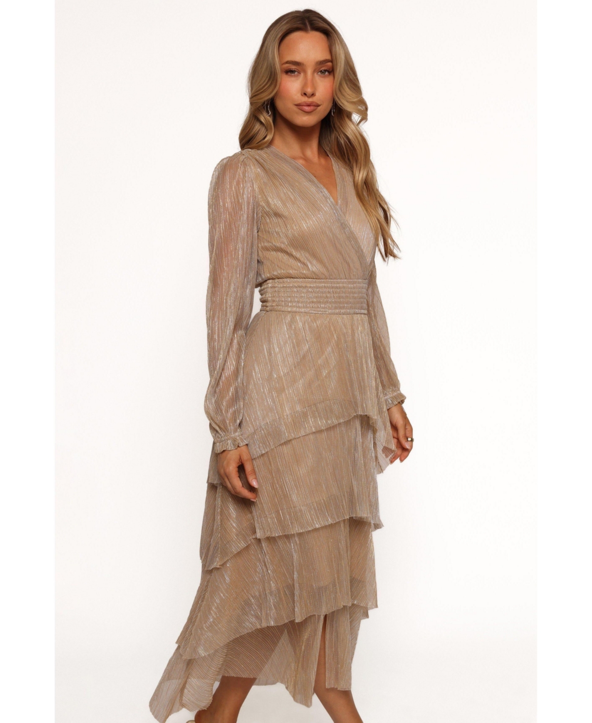 Click here for Petal and Pup Womens Cybil Pleated Tiered Midi Dre... prices