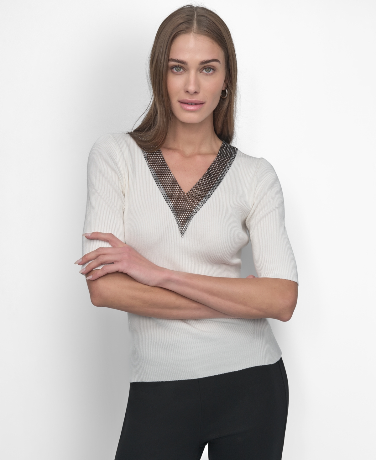 Click here for Dkny Womens Embellished-Neck Half-Sleeve Ribbed Sw... prices