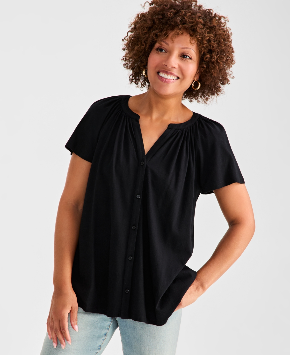 Click here for Style & Co Womens Flutter-Sleeve Gathered-Neck Top... prices