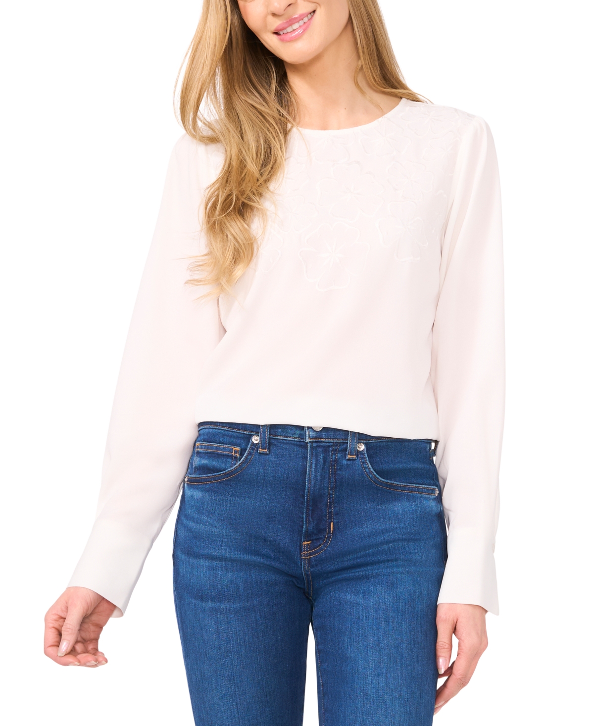 Click here for CeCe Womens Round-Neck Long-Sleeve Floral-Eyelet T... prices