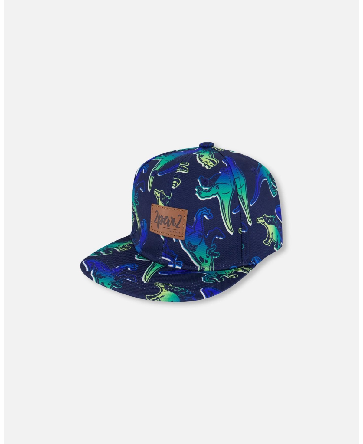 Deux par Deux Baby Boys Printed Cap Blue And Green Dino On Navy - Blue and green dino on navy