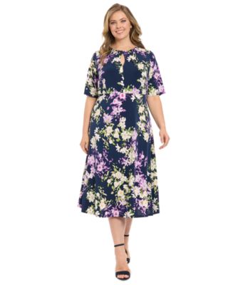 London Times Plus Size Printed Round-Pleat-Neck Dress - Macy's