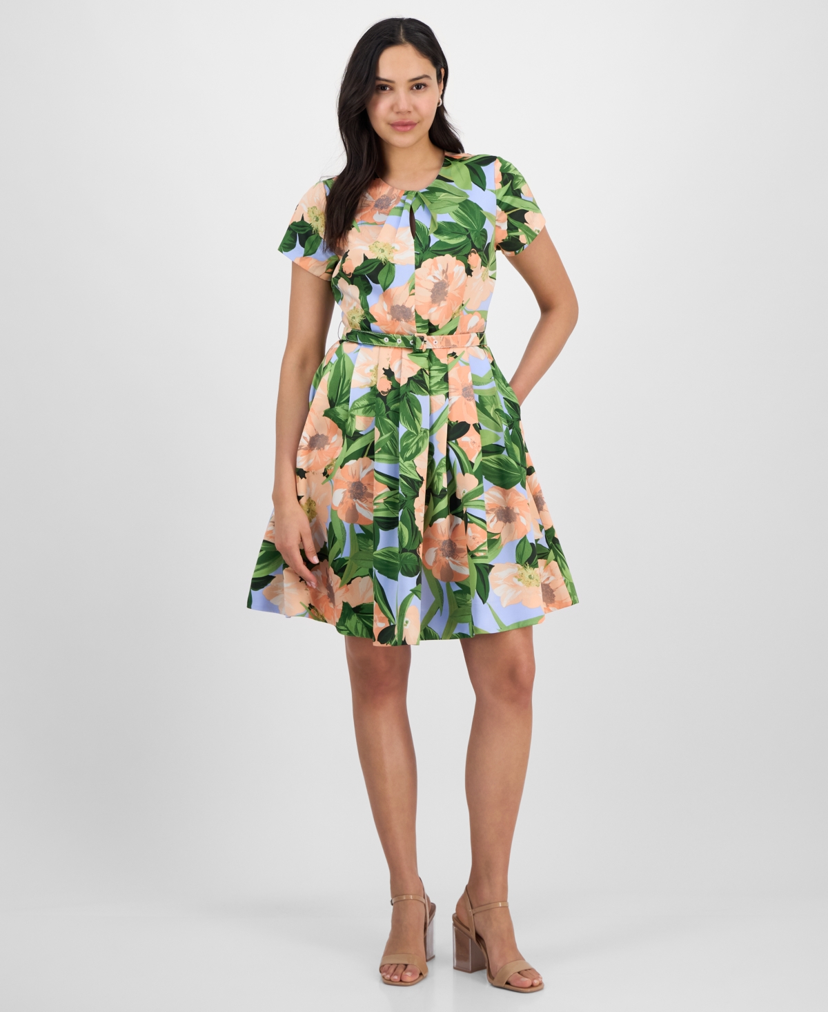 Click here for Tahari Petite Floral Belted Pleated Short-Sleeve D... prices