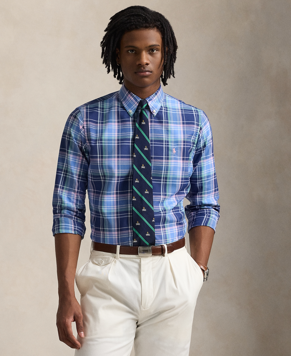 Polo Ralph Lauren Mens Classic-Fit Performance Oxford Shirt - Navy/pink