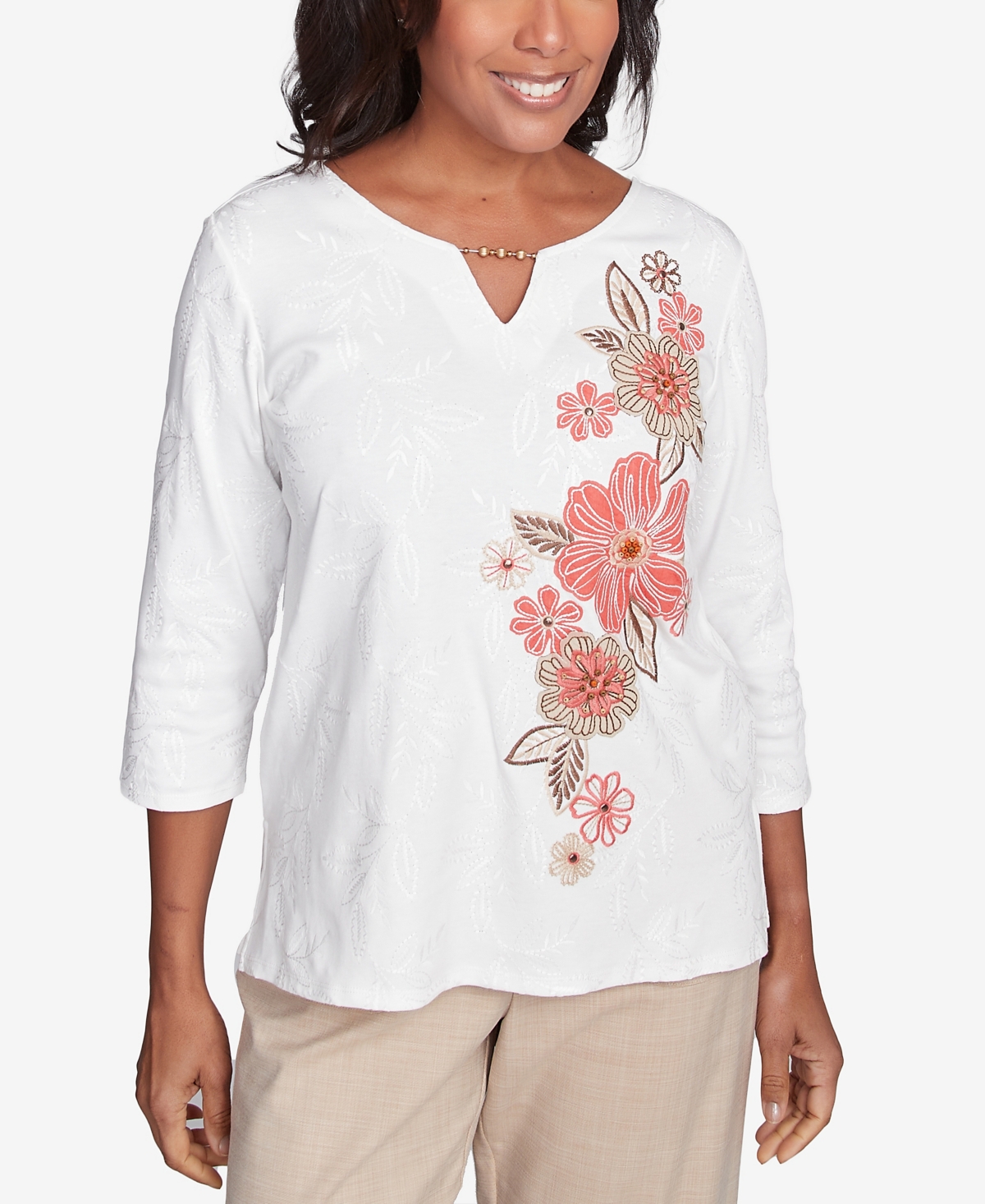 Alfred Dunner Womens Catalina Island Romantic Embroidered Floral Top - Ivory