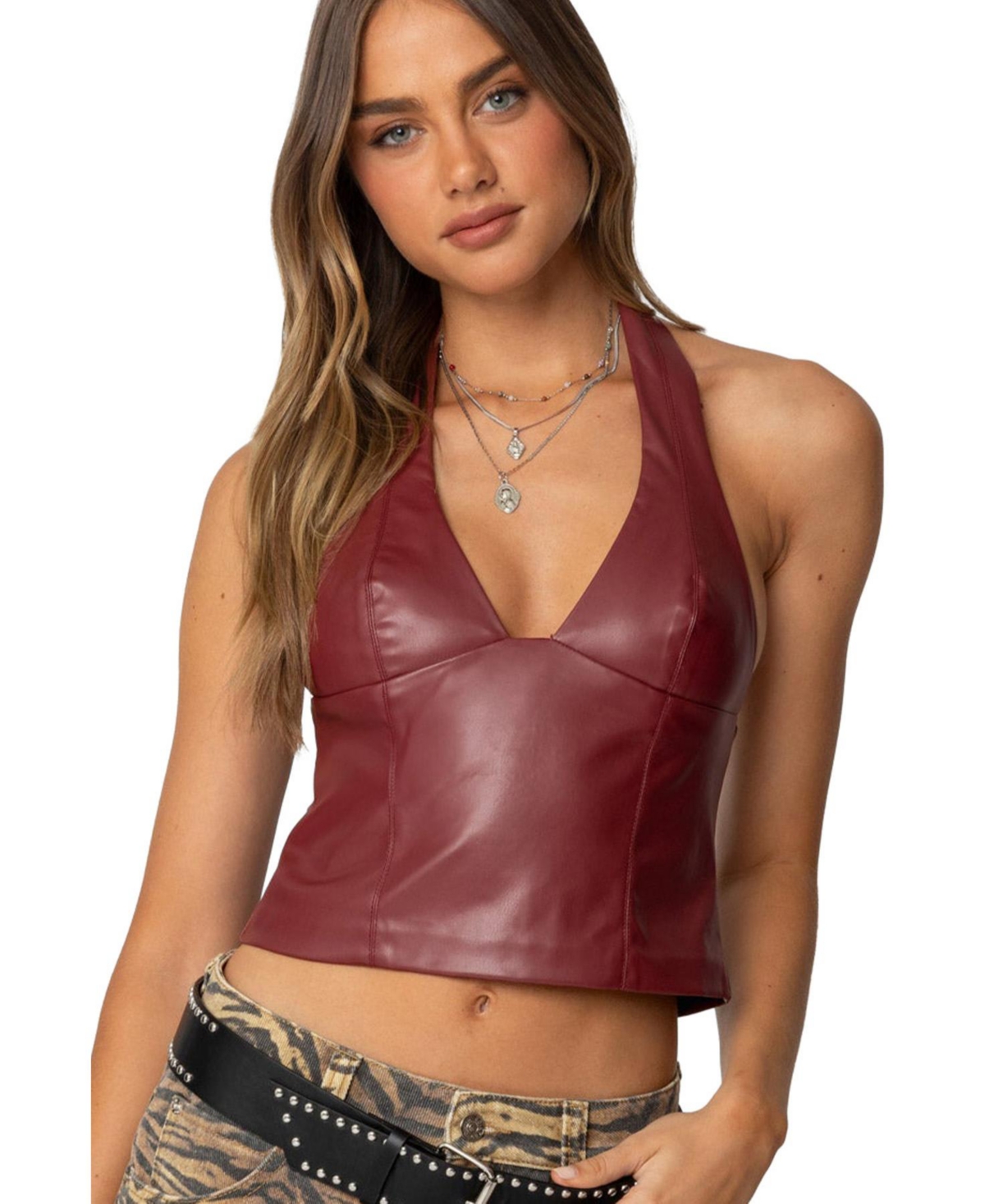 Click here for Edikted Womens Tana Faux Leather Halter Top - Burg... prices
