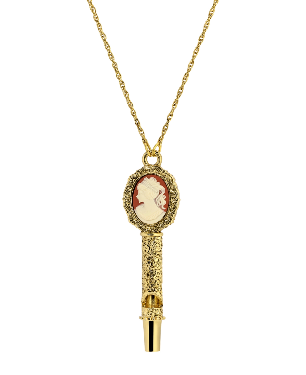 Click here for 2028 Gold Tone Carnelian Ivory Cameo Whistle Neckl... prices