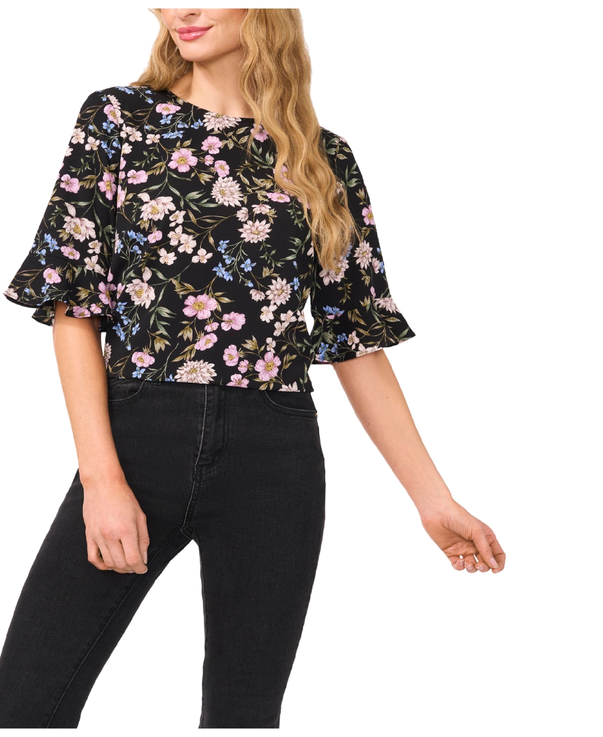 CeCe Womens Floral Crewneck 3/4-Sleeve Ruffled Cuff Blouse - Rich Black