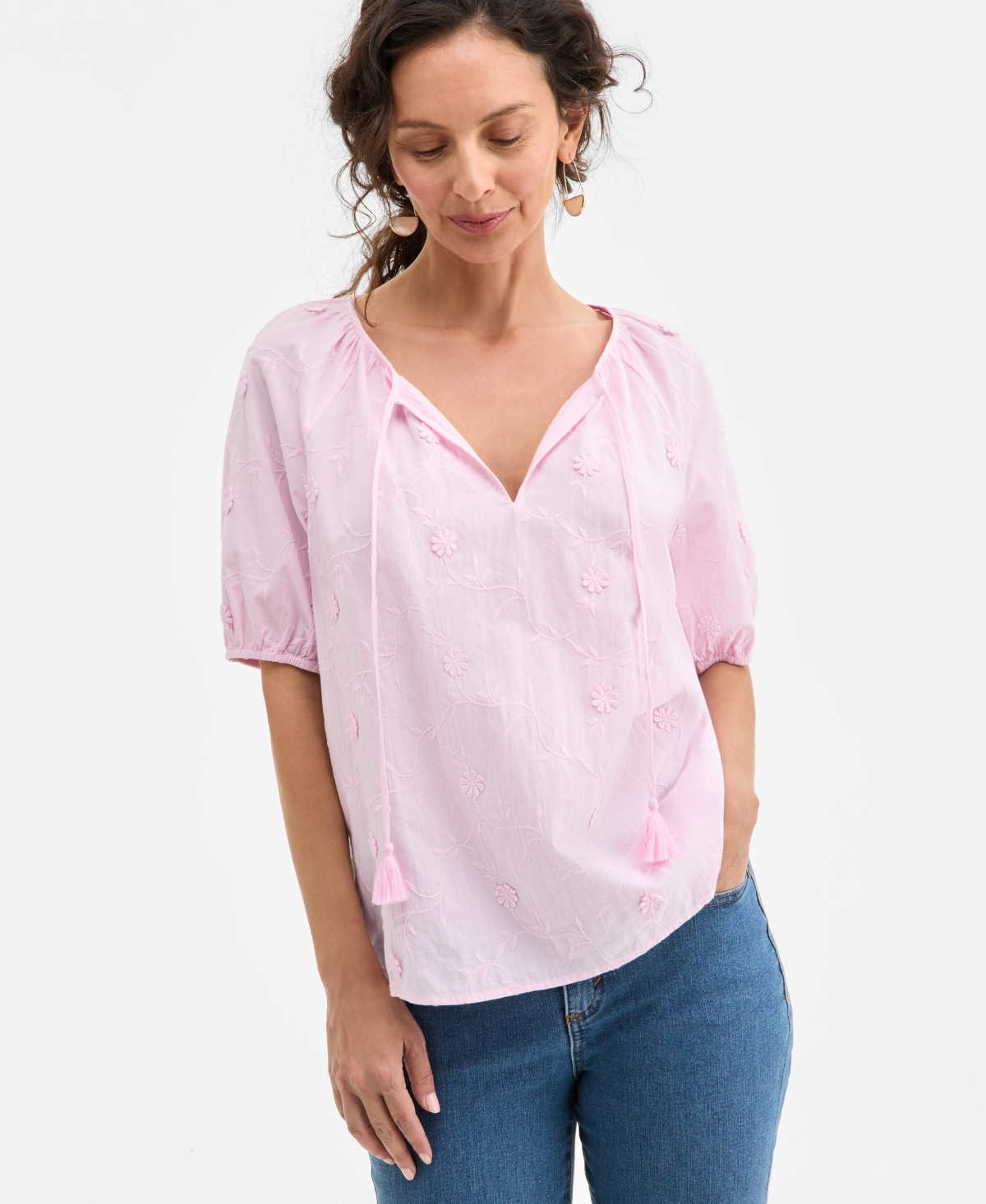 Click here for Style & Co Womens Floral-Applique Cotton Peasant T... prices