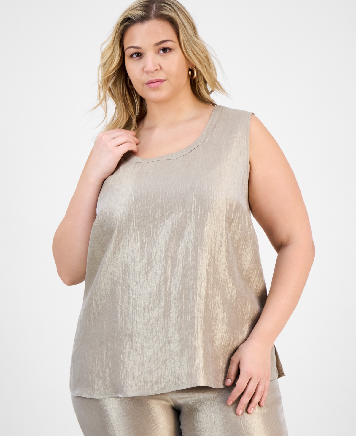 Click here for Kasper Plus Size Metallic Crinkled Sleeveless Top... prices