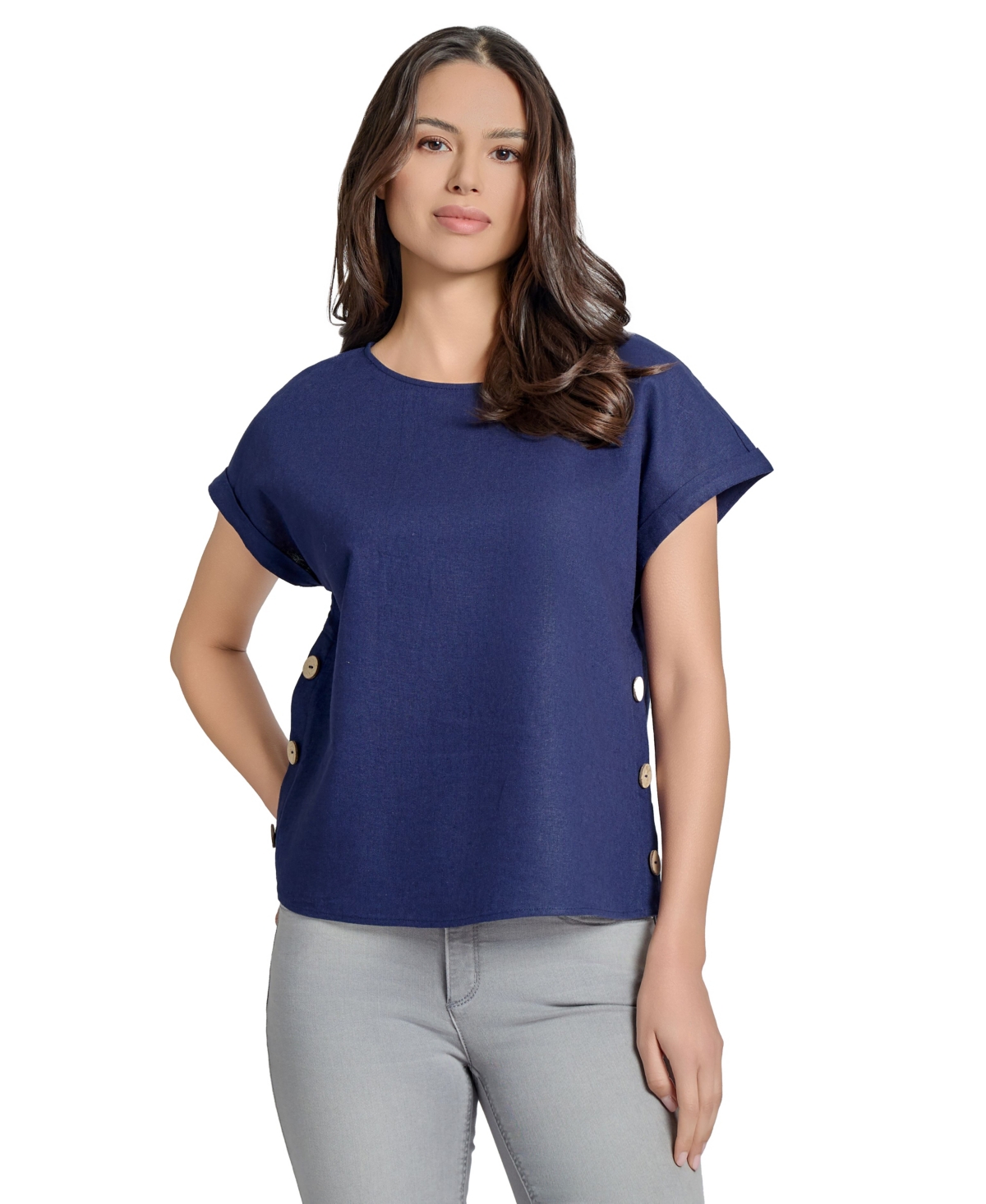 Click here for Jones New York Womens Side-Button Short-Sleeve Top... prices