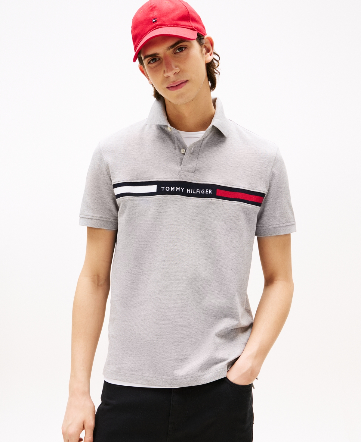 Tommy Hilfiger Mens Short Sleeve Embroidered Chest Stripe Polo Shirt - Light Gray Heather