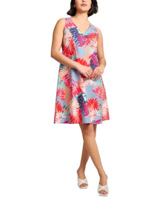 Jones New York Women's Printed V-Neck Sleeveless Trapeze Mini Dress ...