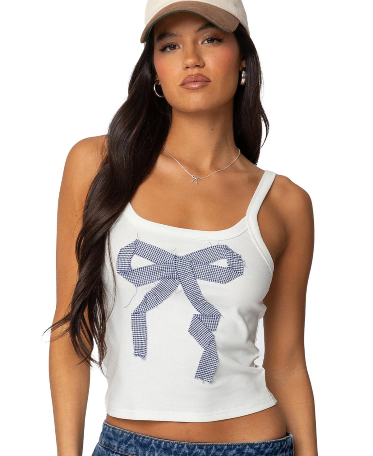 Click here for Edikted Womens Harpa Gingham Bow Tank Top - White prices