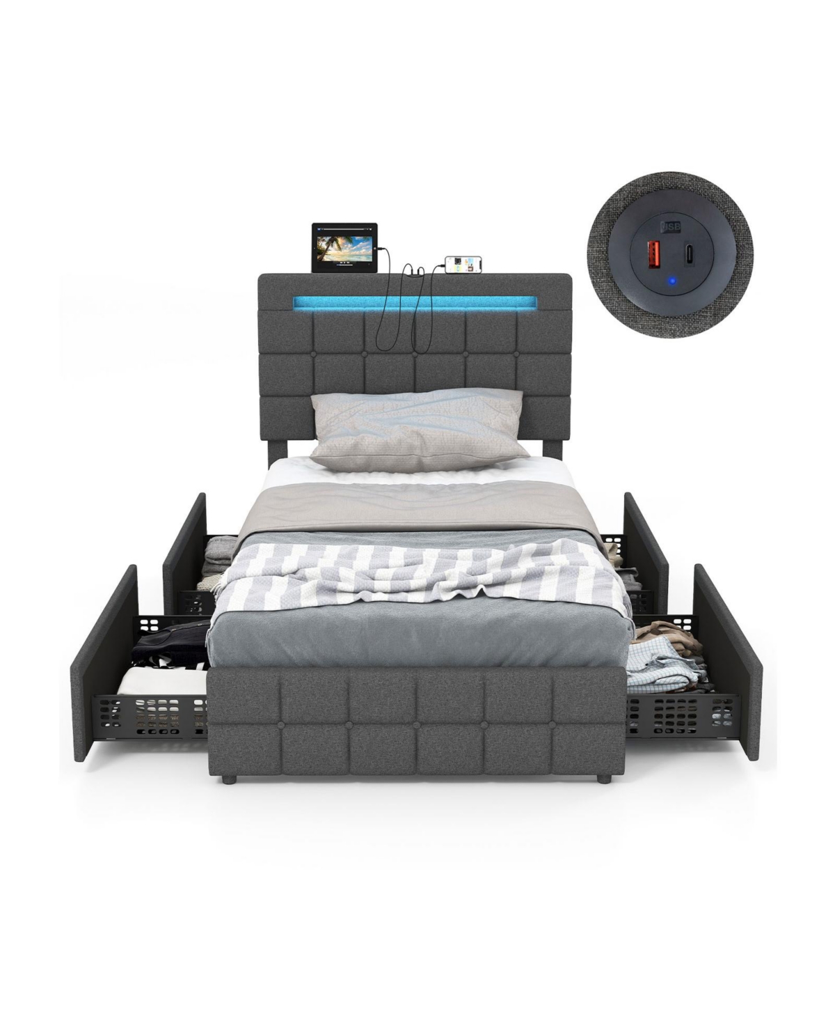 Click here for Upholstered Led Bed Frame with Headboard and 4 Dra... prices