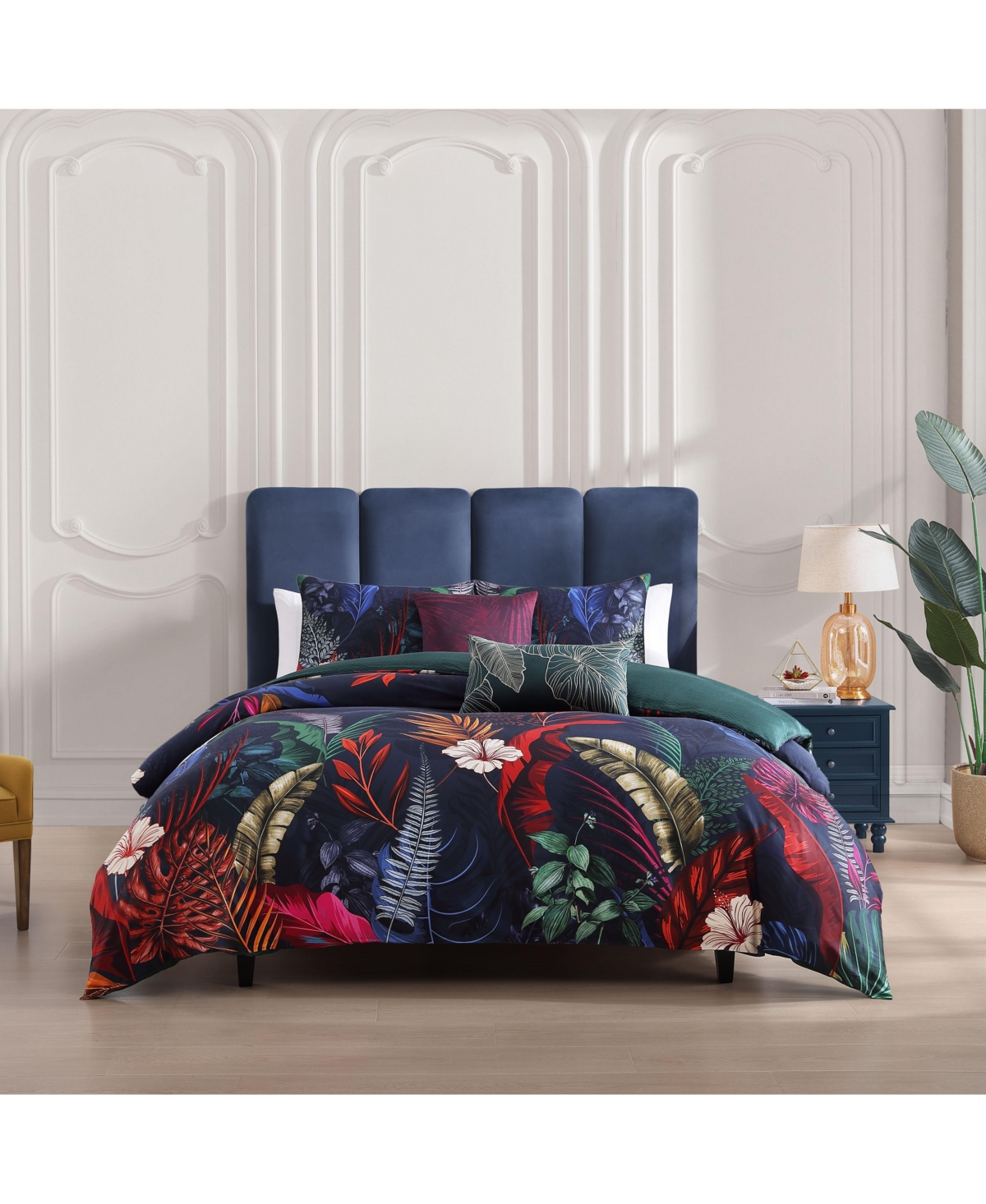 Bebejan Paradise Bedding 100 Cotton Sateen 5 Piece Queen Size Reversible Comforter Set - Blue