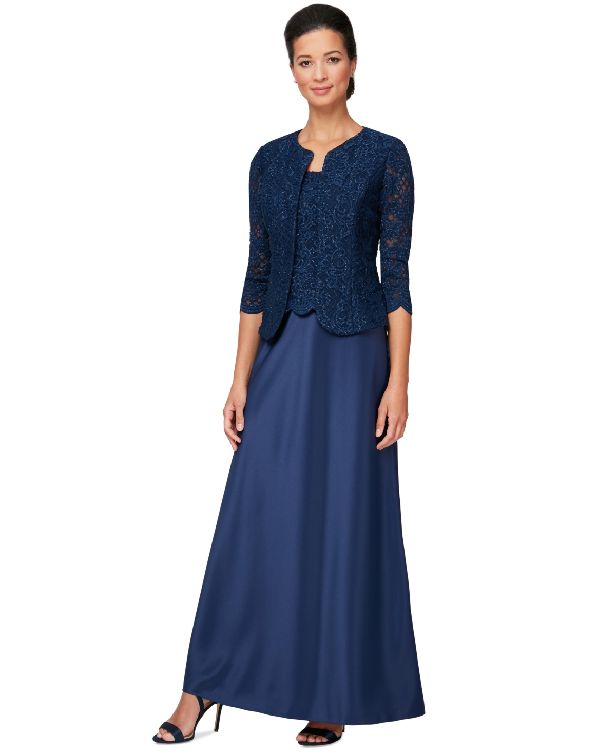 Click here for Alex Evenings Lace Jacket & Lace-Top Gown - Navy B... prices