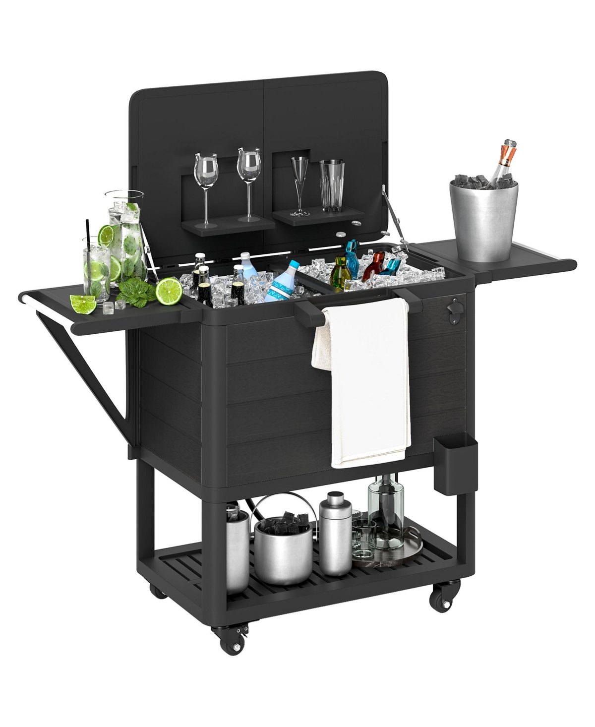 Outsunny Patio Cooler Cart 104 Quart Rolling Ice Chest with Shelves  - Black