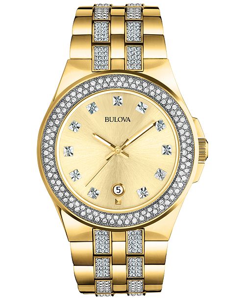 Bulova Men's Crystal Accent Gold-Tone Stainless Steel Bracelet Watch ...