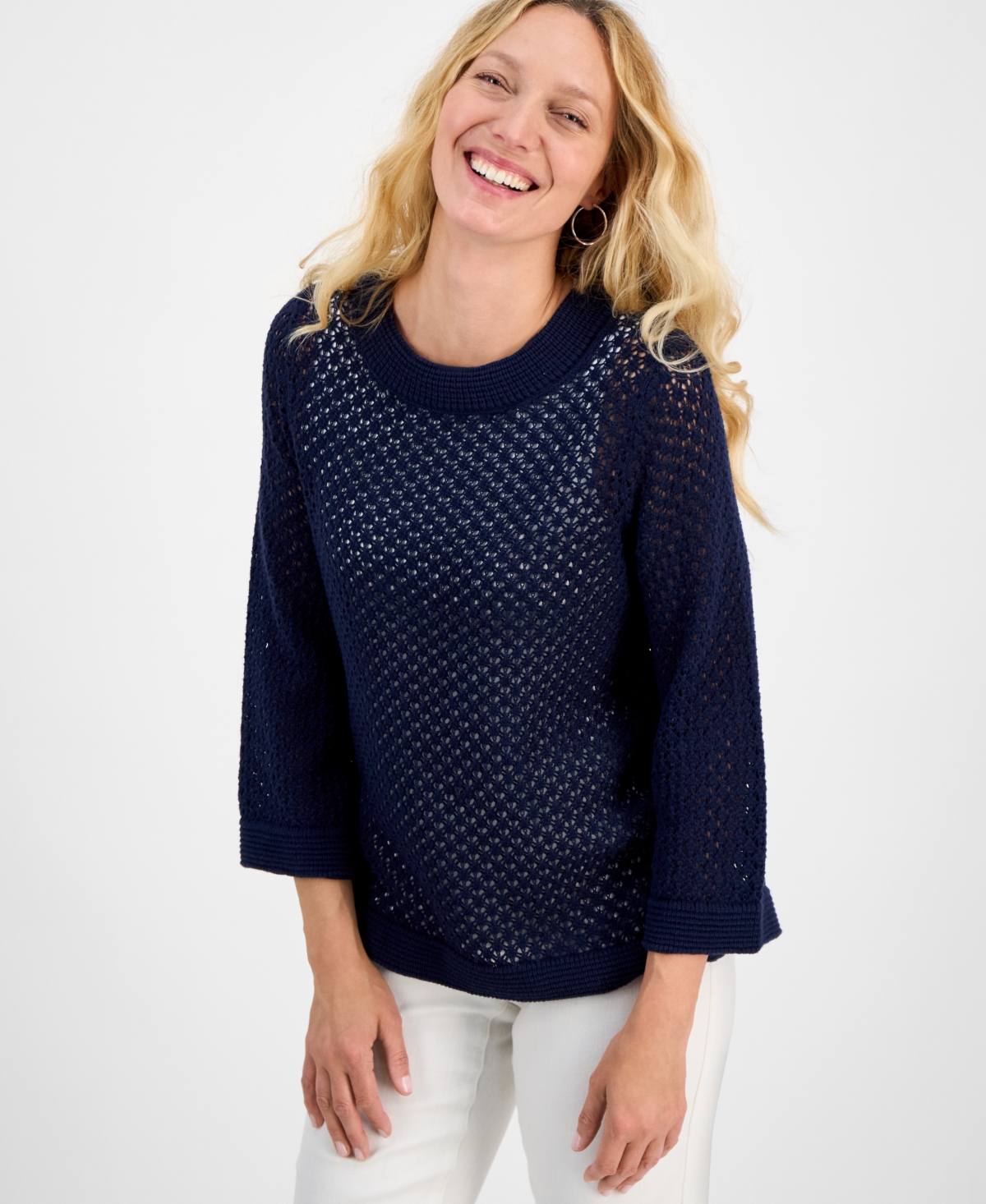 Click here for Style & Co Womens Cotton Open-Knit 3/4-Sleeve Swea... prices
