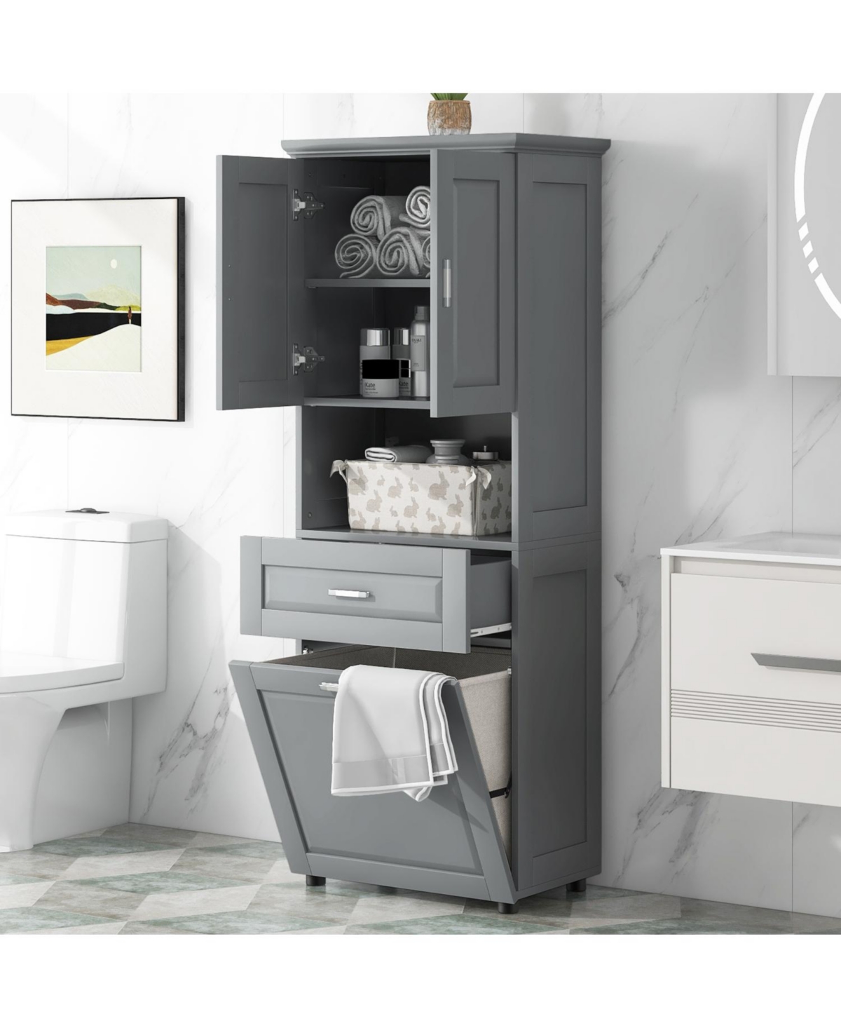 Click here for Tall Bathroom Cabinet with Laundry Basket  Large S... prices