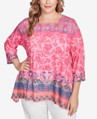 Ruby Rd. Plus Size Floral Ombre Border Sublimation Knit Top - Macy's