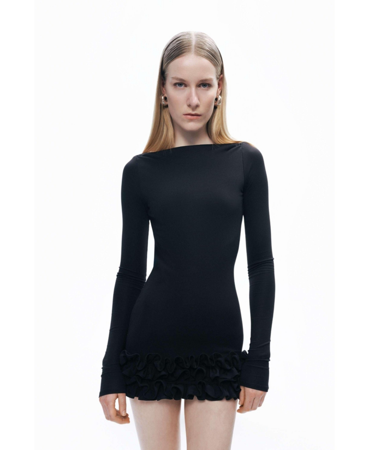 Nocturne Womens Frill Detailed Jersey Mini Dress - Black