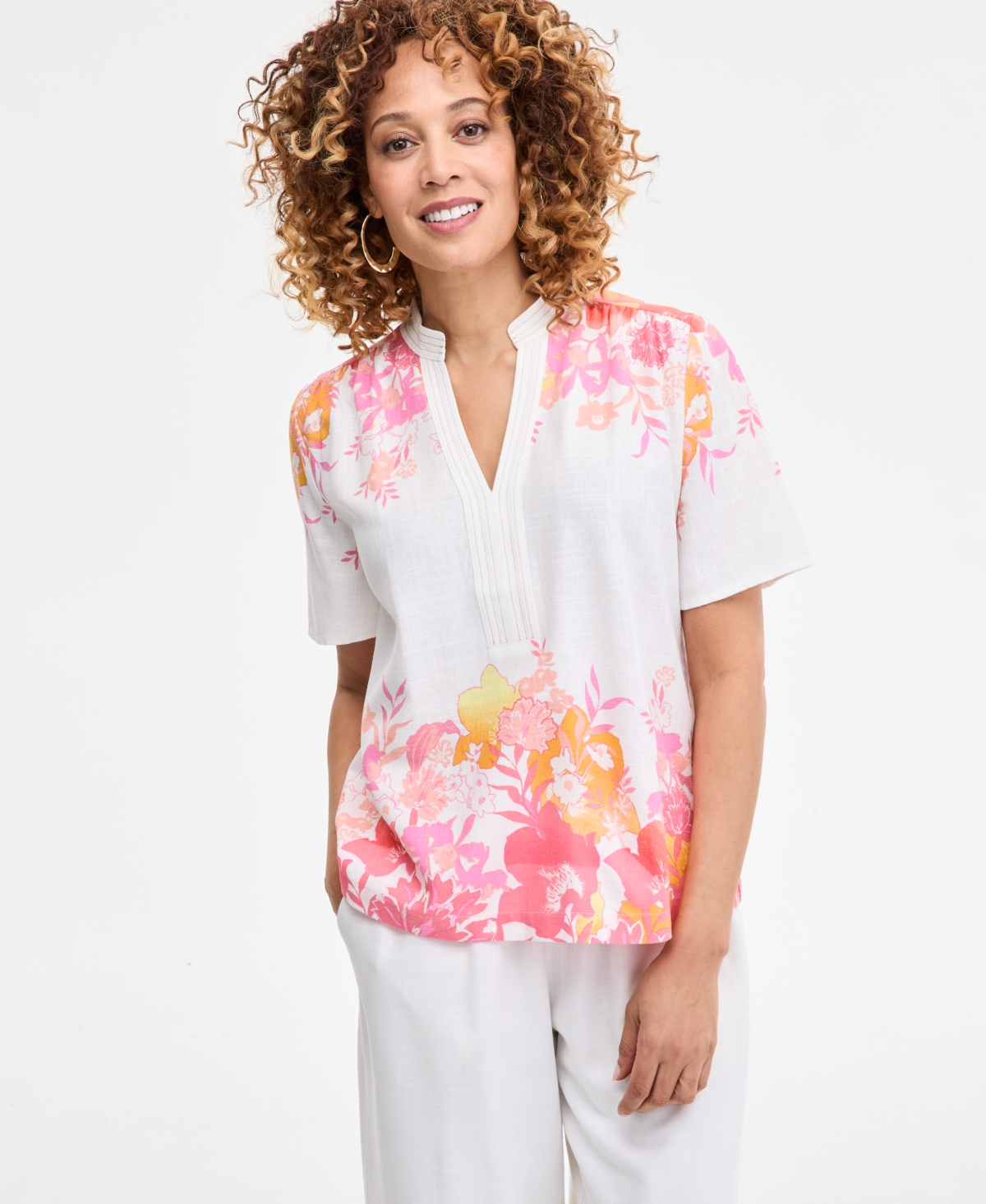 Click here for Jm Collection Womens Printed Linen Blend Split-Nec... prices