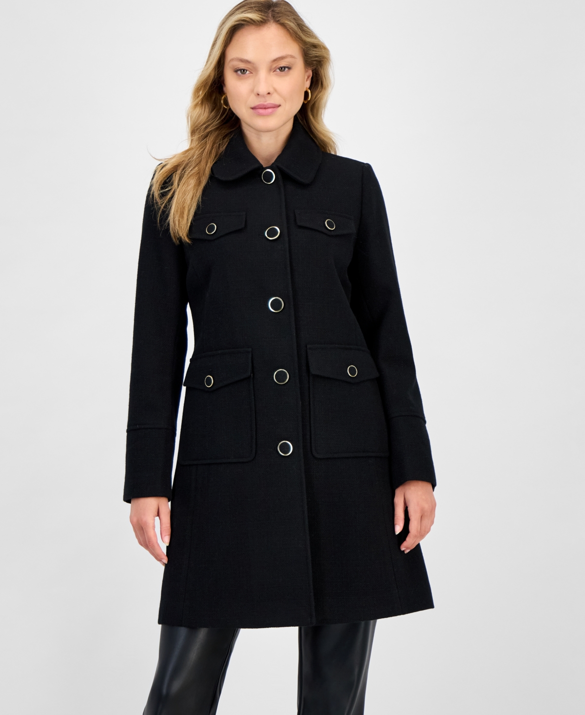 Click here for Cece Womens Button-Front Coat - Black prices