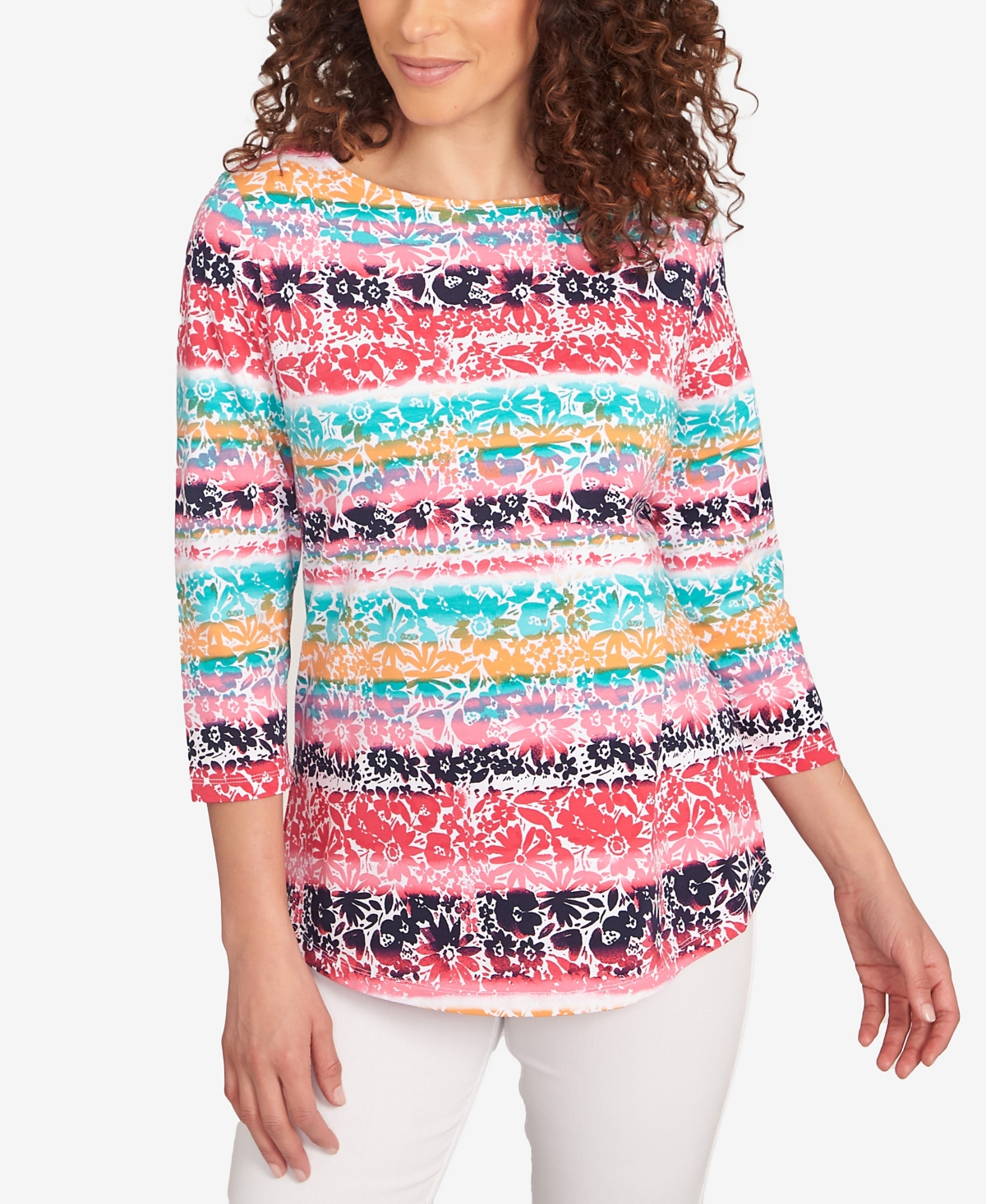 Click here for Ruby Rd. Petite Watercolor Floral Stripe Top - Wat... prices