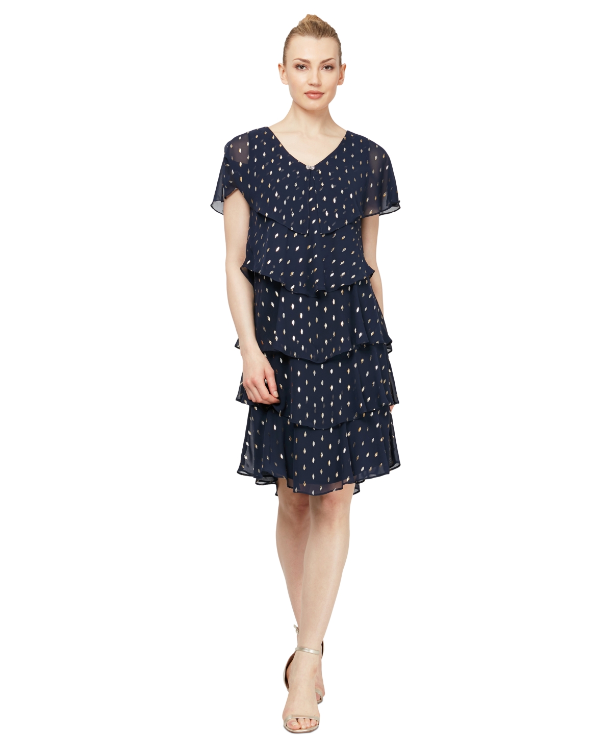 Petite SLNY Metallic Dot Overlay Tier Hem Sheath Dress