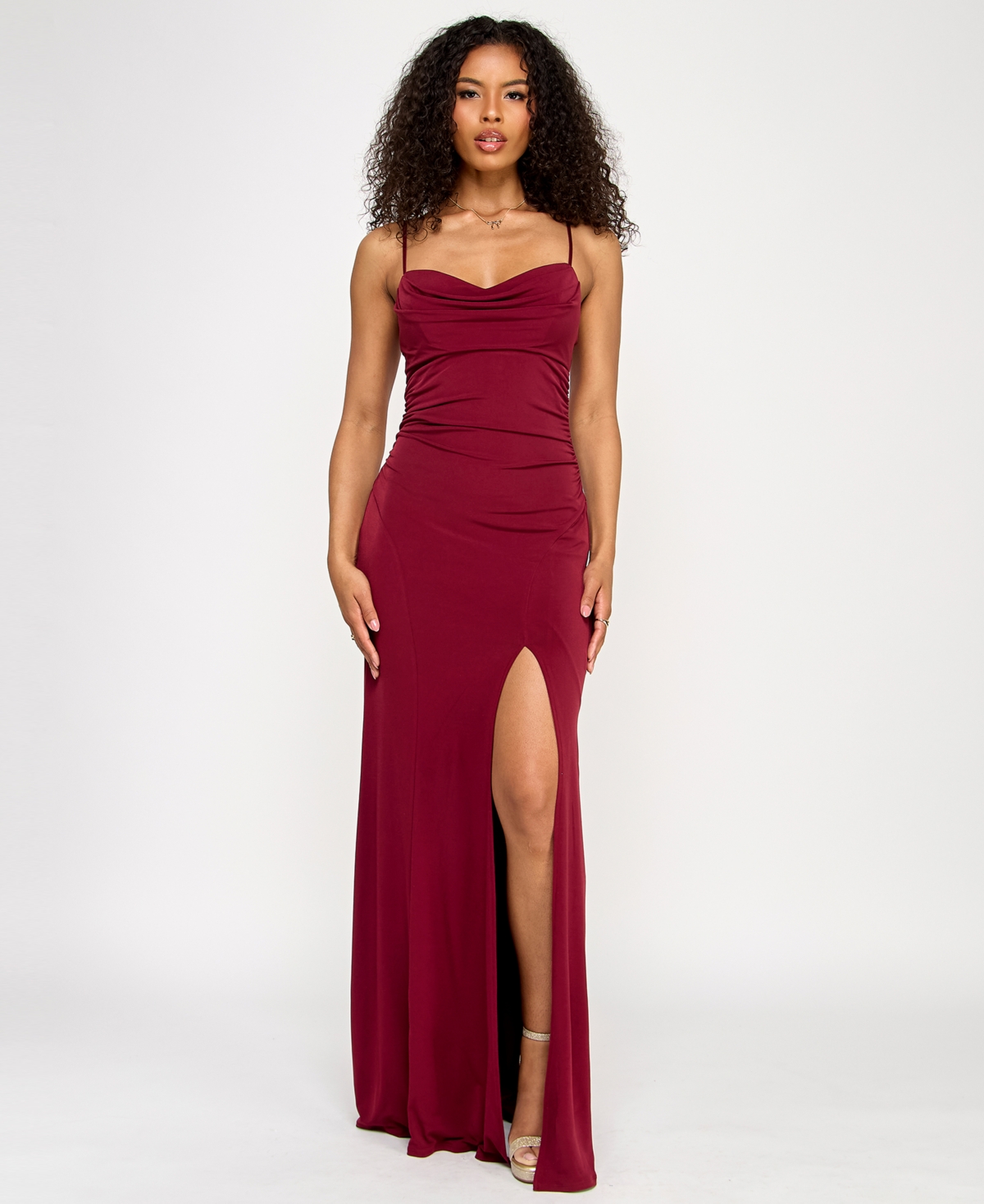 Click here for Emerald Sundae Juniors Cowlneck Ruched Gown - Burg... prices