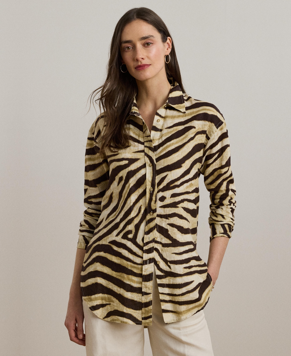 Lauren Ralph Lauren Womens Relaxed-Fit Zebra-Print Linen Shirt - Cream/Brown