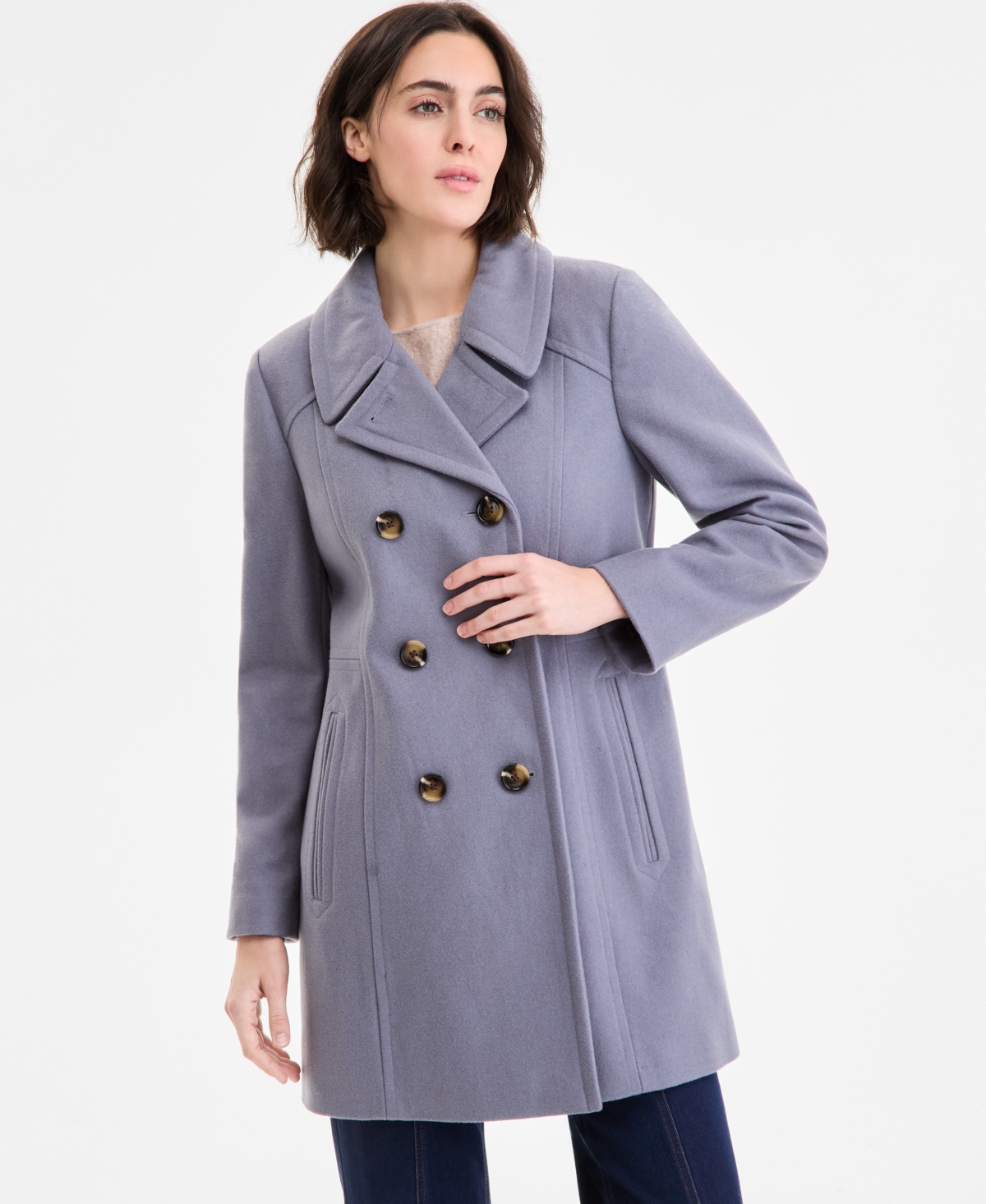 Anne Klein Petite Double-Breasted Peacoat  Exclusively at Macys - Lavender