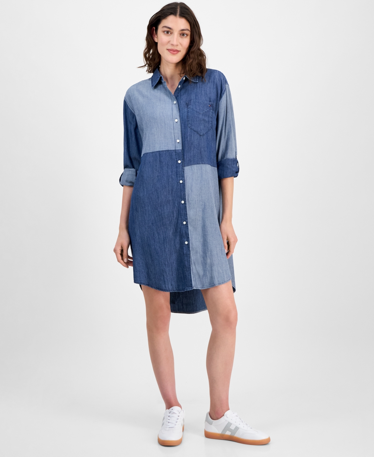Tommy Hilfiger Womens Chambray Patchwork Shirtdress - Medium Benson