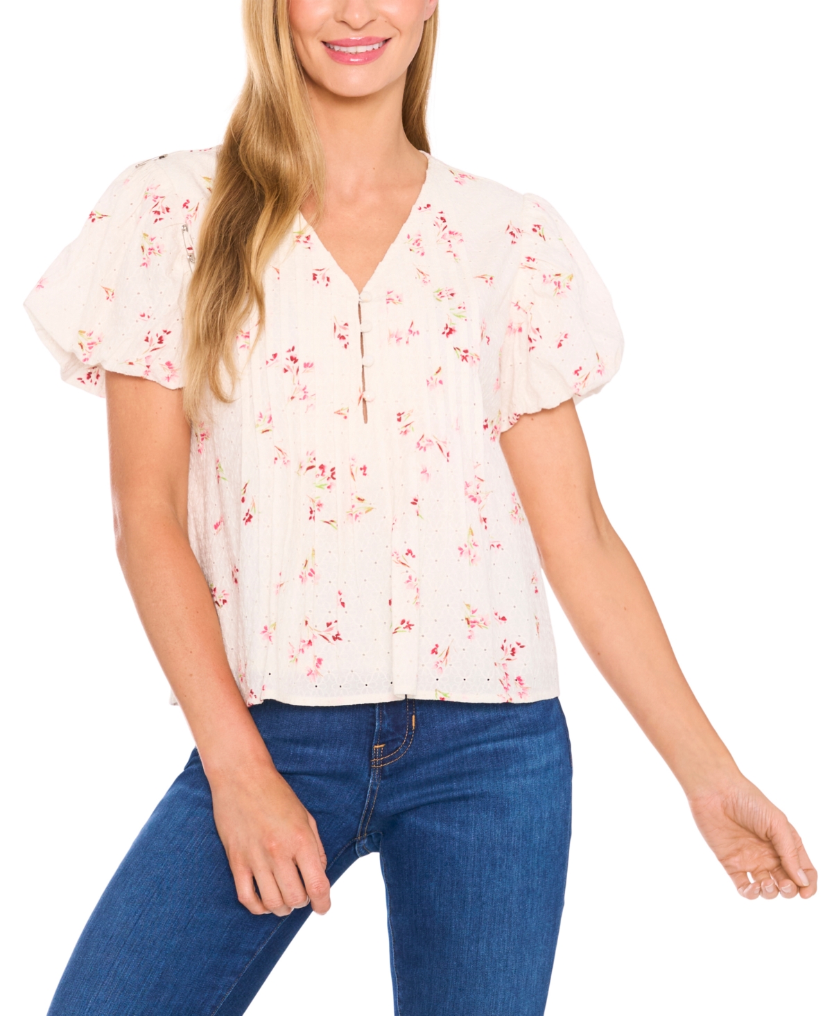 Click here for CeCe Womens Printed Eyelet Cotton Bubble Sleeve Bl... prices