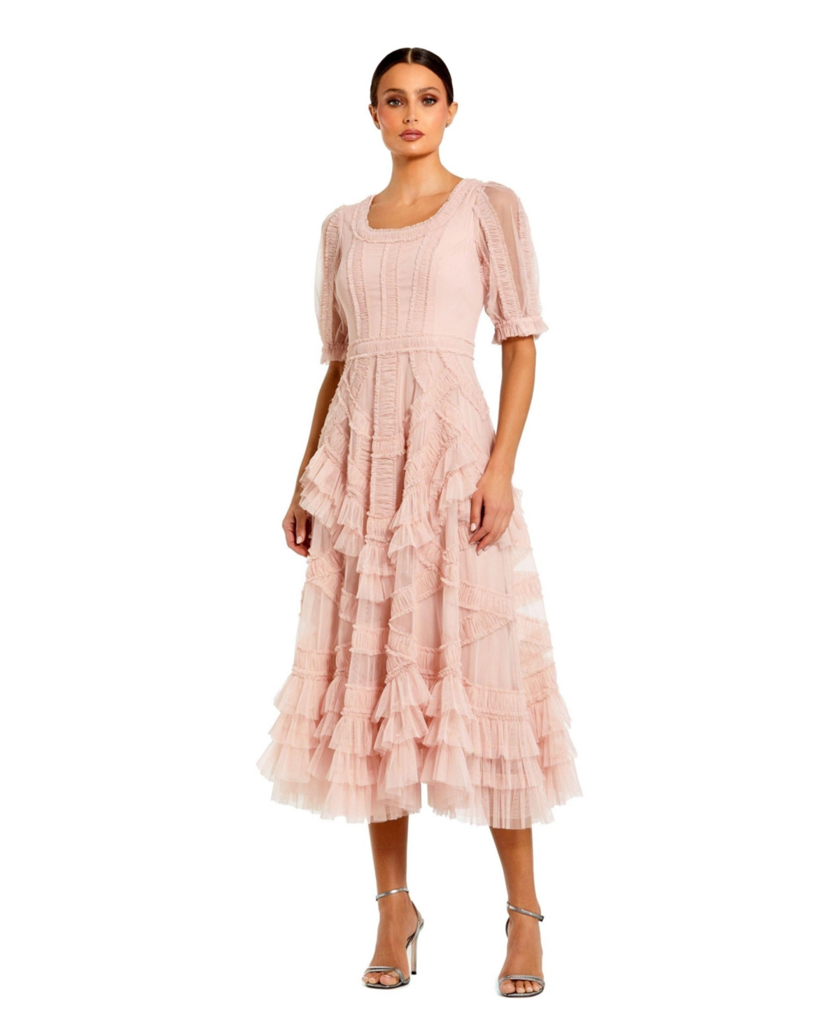 Click here for Mac Duggal Womens Short Sleeve Mesh Mirco Ruffle M... prices