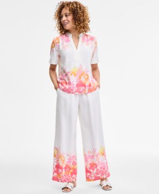 JM Collection Women's Floral Linen Short-Sleeve Top & Floral Linen Wide ...